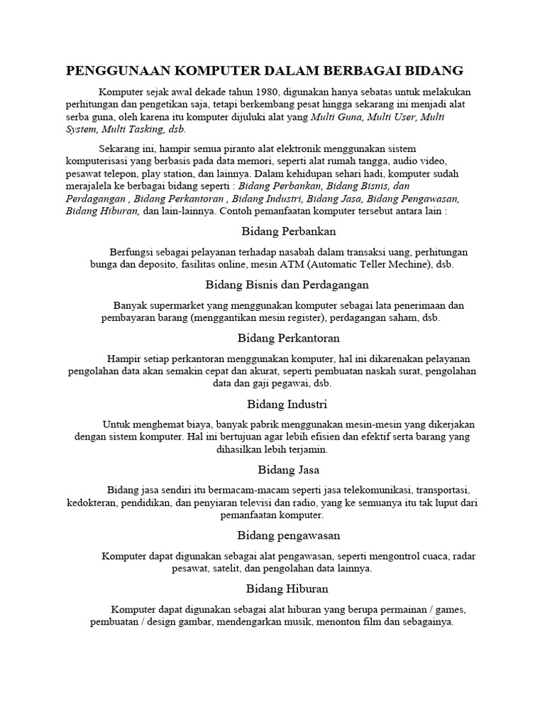 Penggunaan Komputer Dalam Berbagai Bidang | PDF