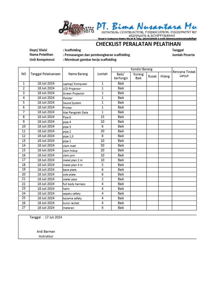 Form Checklist Peralatan Pelatihan - (Pemasangan Dan Pembongkaran Scaffolding) | PDF