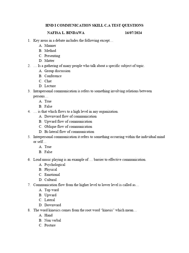 HND I Communication Skill C.A Test Questions | PDF | Communication ...