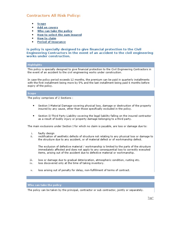 Contractors All Risk Policy | PDF | Insurance | Traffic Collision