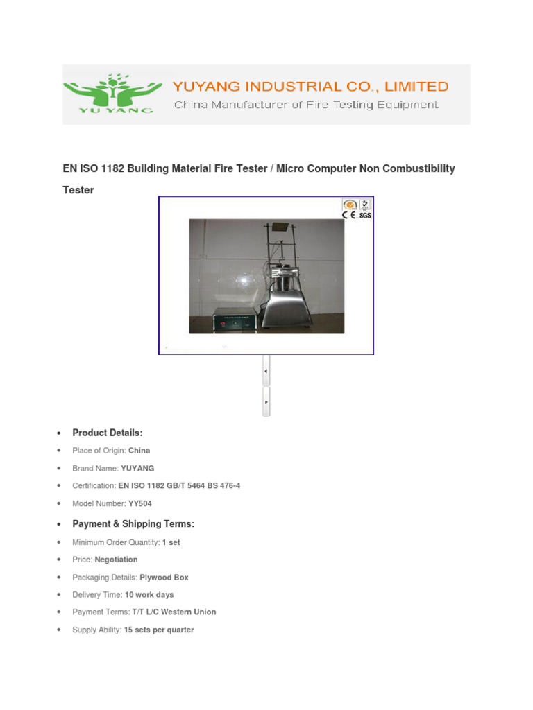 EN ISO 1182 Building Material Fire Tester | PDF | Thermocouple | Fires