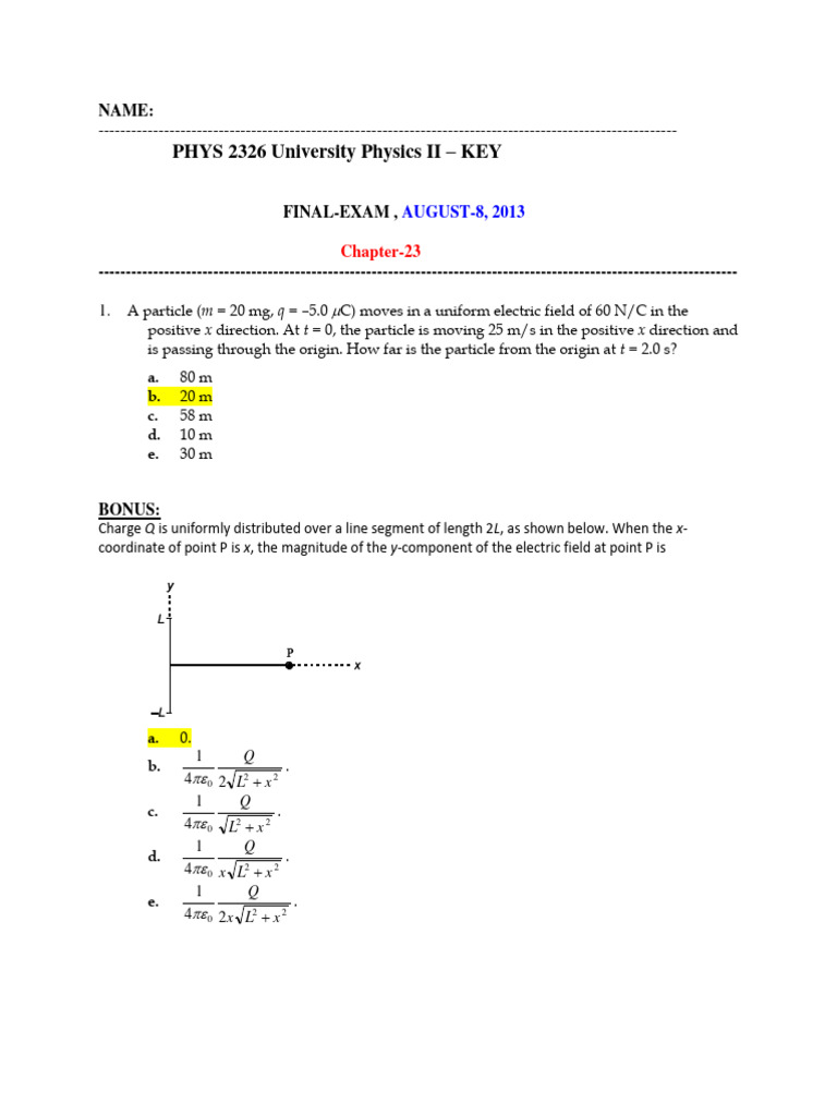 PHYS FINAL EXAM KEY Posted | PDF | Electric Field | Capacitor