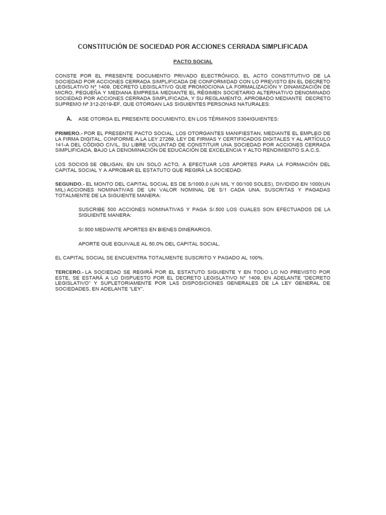 CONSTITUCIÓN DE SOCIEDAD POR ACCIONES CERRADA SIMPLIFICADA Minuta | PDF