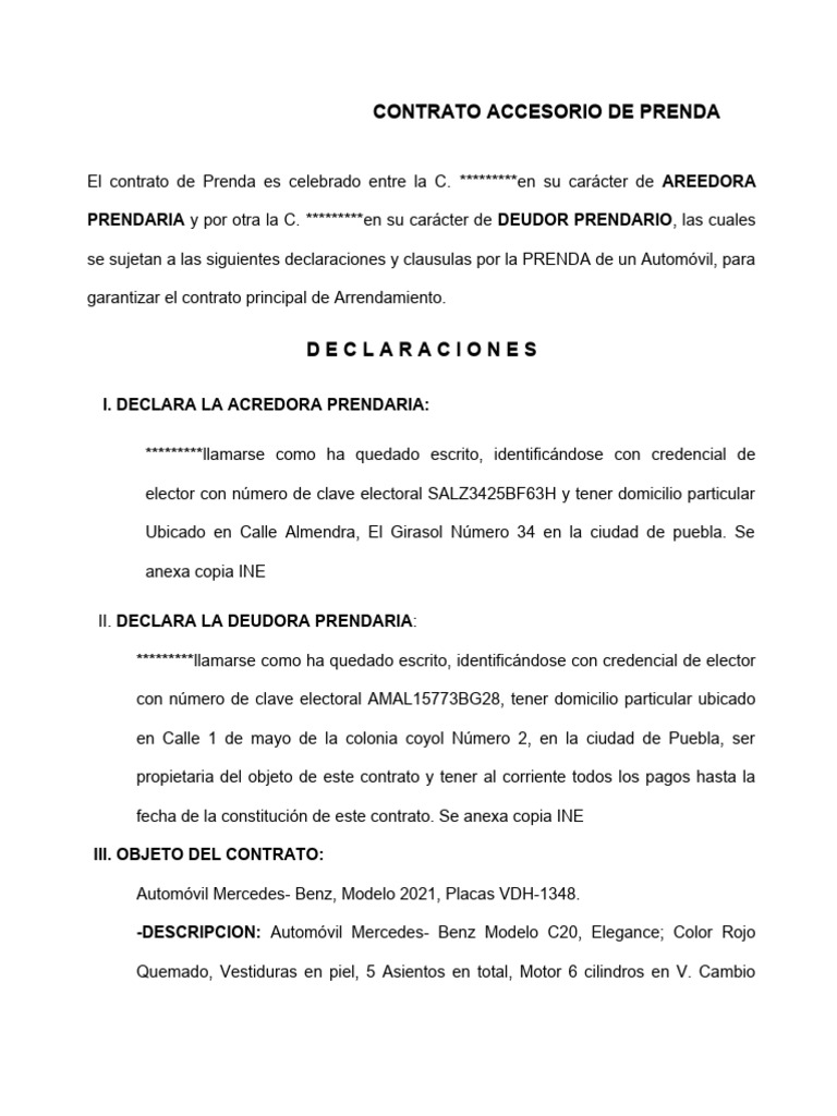 Contrato de Prenda | PDF | Vehículo de motor | Coche