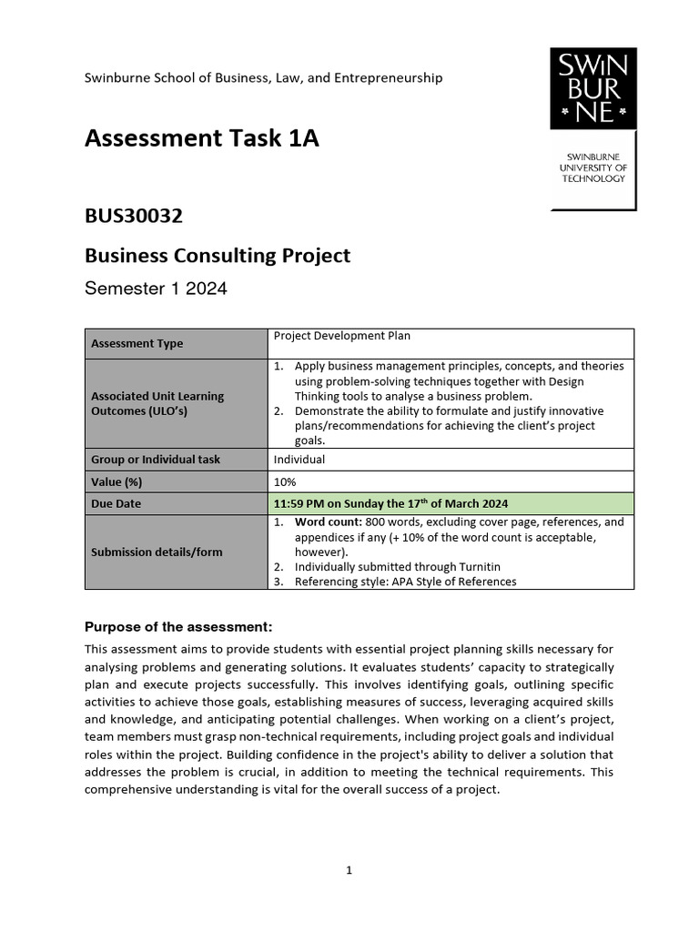 BUS30032 - Assignment 1A - Project Development Plan - S1 - 2024-1 | PDF | Plagiarism | Goal