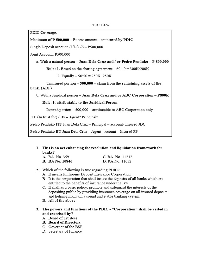 PDIC LAW-MCQ With Answers | PDF | Banks | Deposit Account
