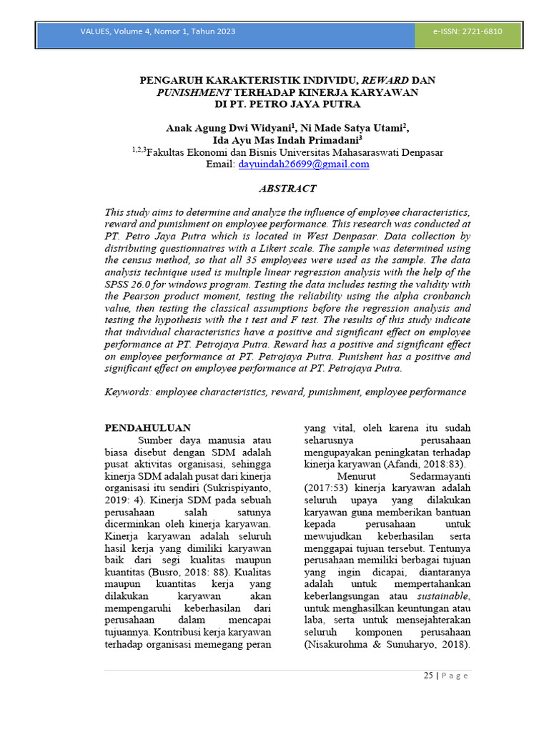 Pengaruh Karakteristik Individu, Reward Dan Di Pt. Petro Jaya Putra ...