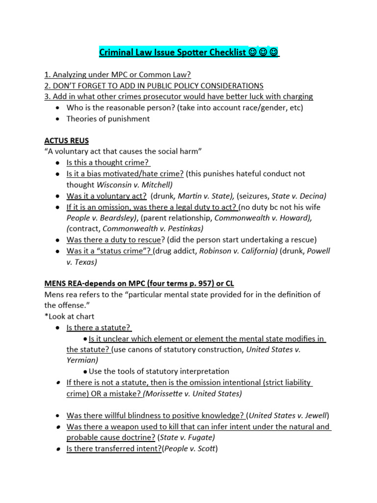 Issue Spotter Checklist Crim Law | PDF | Manslaughter | Murder