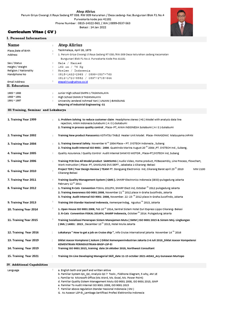 CV - Excel - Atep Alirius.22 | PDF | Evaluation Methods | Quality Management