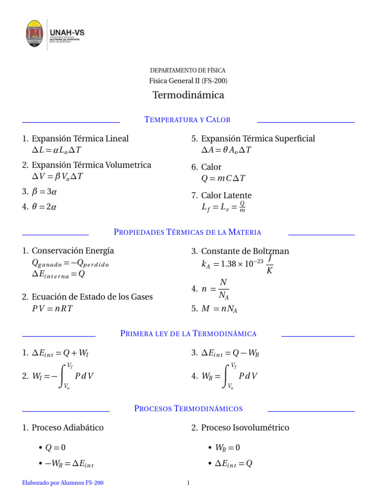 Formulas Fs 200 II Unidad B - 1 | PDF | Calor | Termodinámica