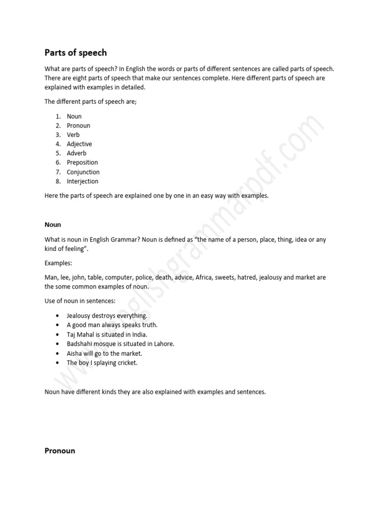 Parts Of Speech With Examples Pdf Part Of Speech Adverb
