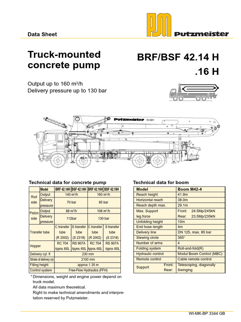 Putzmeister BRF/BSF 42 Concrete Pump Specs | PDF | Manufactured Goods | Vehicle Technology