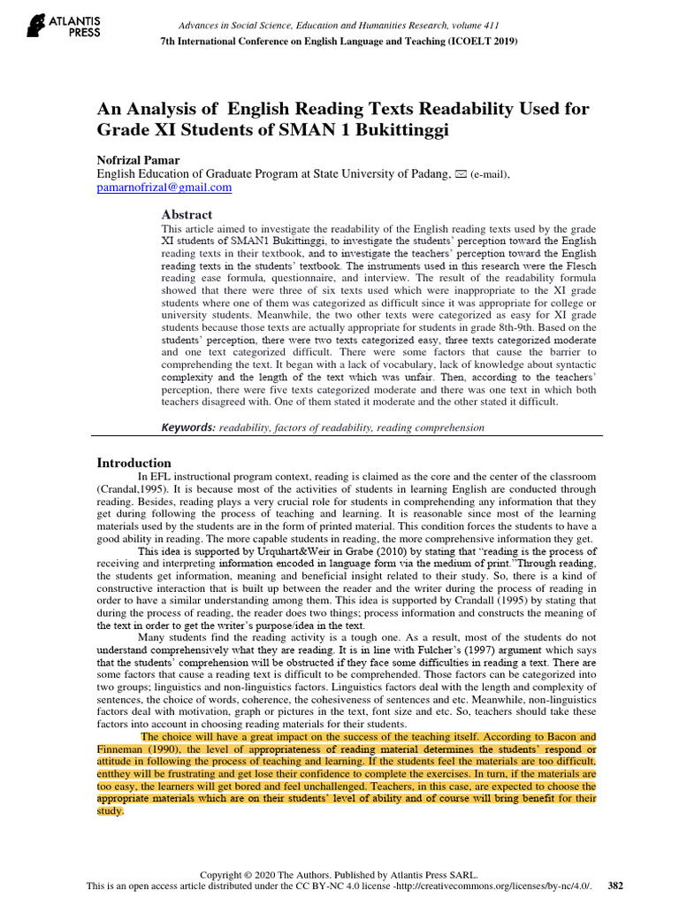An Analysis of English Reading Texts Readability U | PDF | Reading Comprehension | Vocabulary