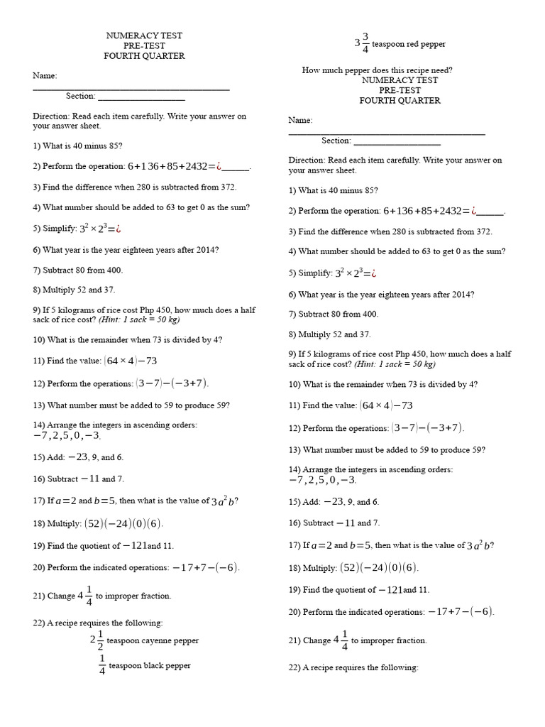 Numeracy Test - Fourth Quarter | PDF | Elementary Mathematics | Mathematics