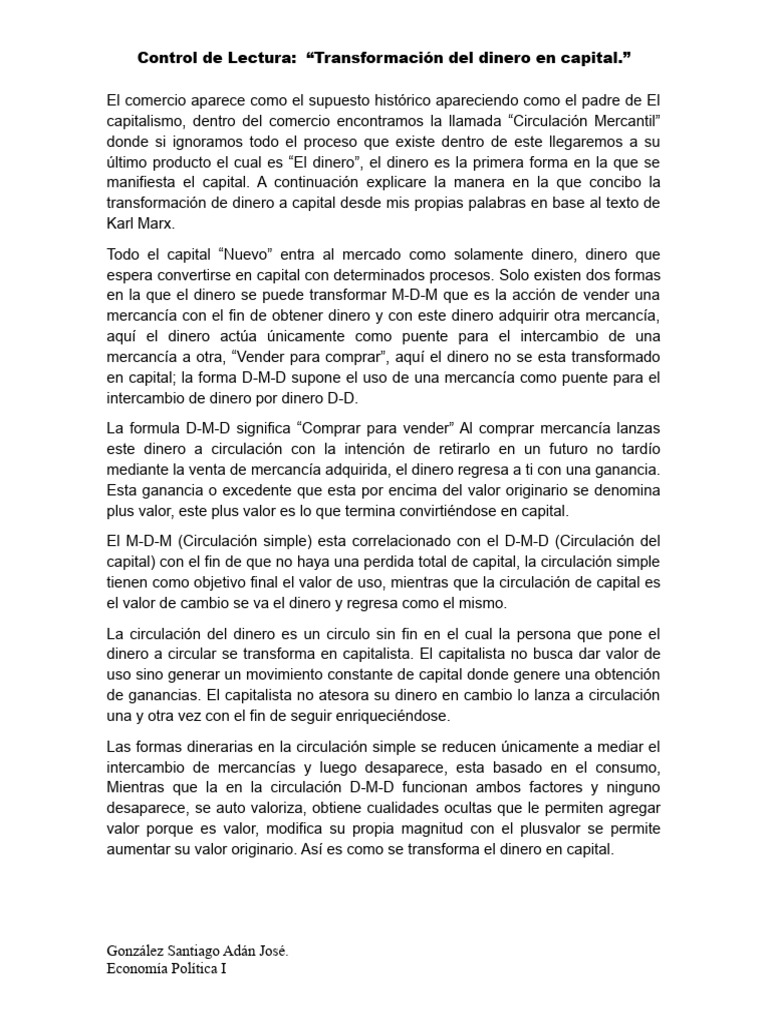 Transformación del Dinero en Capital | PDF | Capital (economía ...