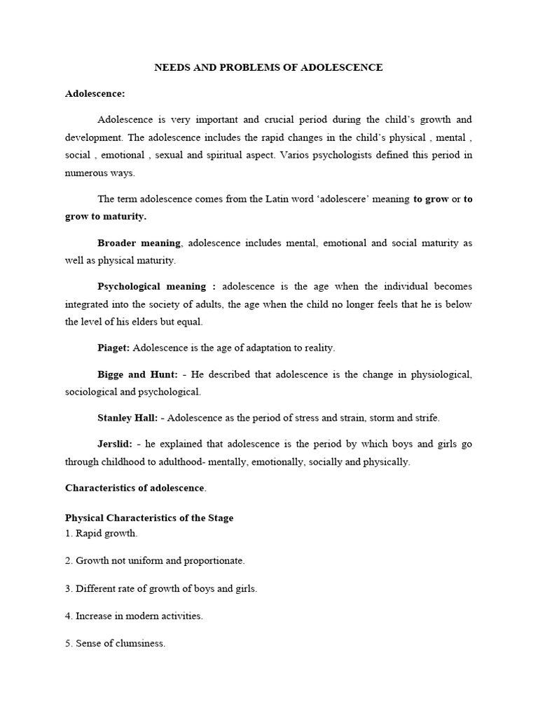 Needs and Problems of Adolescence | PDF | Adolescence | Psychology