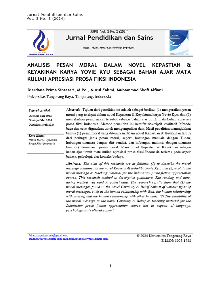 Analisis Pesan Moral Dalam Novel Kepastian & Keyakinan Karya Yovie Kyu Sebagai Bahan Ajar Mata ...