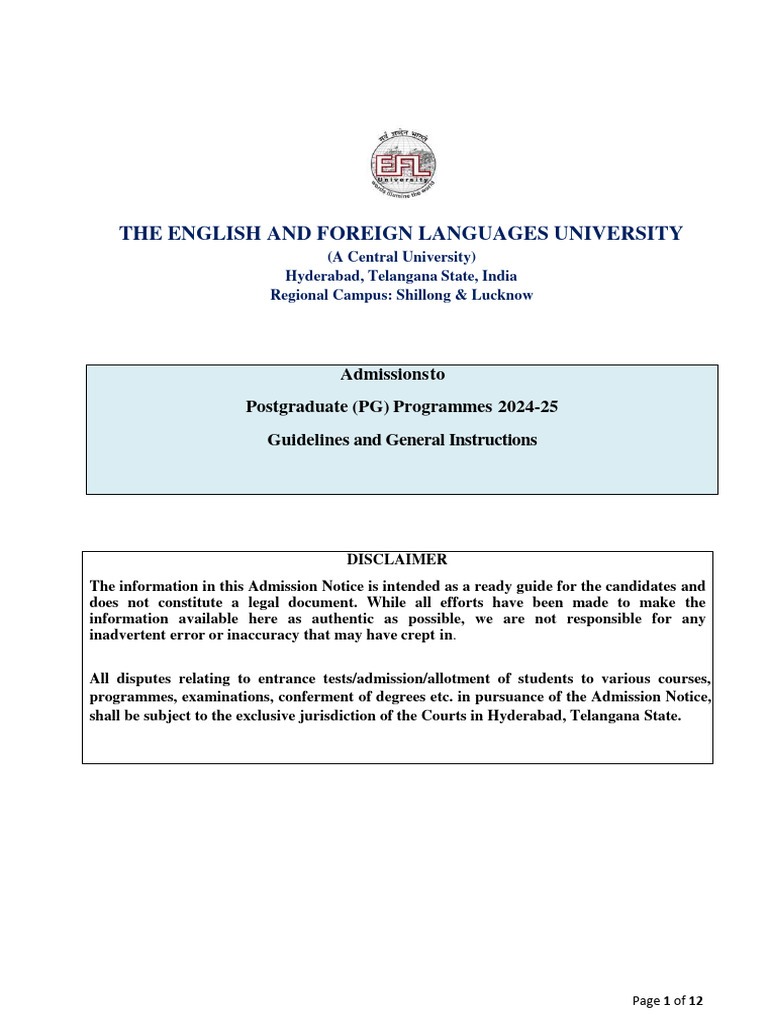 Guidelines and General Instructions For Admissions To PG Programmes 2024-25 | PDF