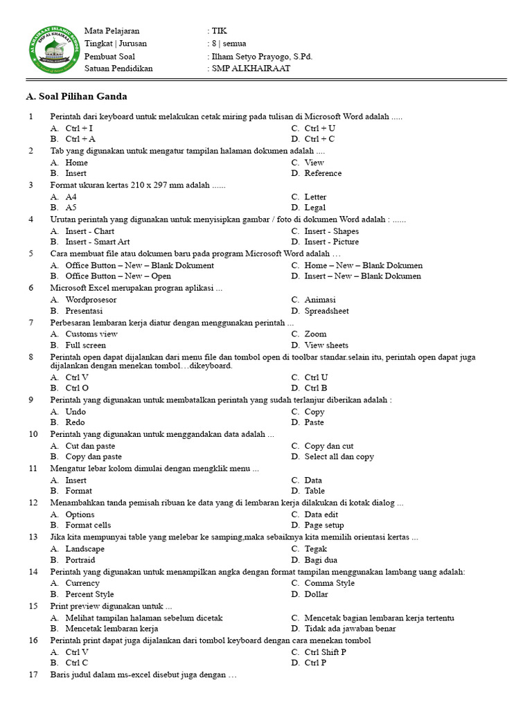 Soal PAT TIK Kls 8 | PDF | Komputer