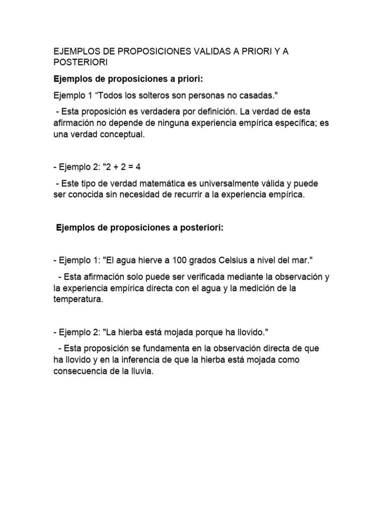 Ejemplos de Proposiciones Validas A Priori y A Posteriori | PDF | A ...