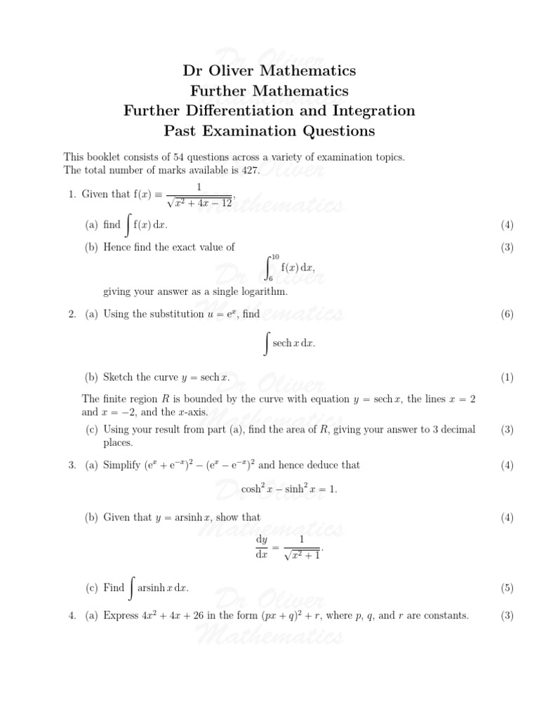 Further Differentiation and Integration Questions Olivier From Reading ...
