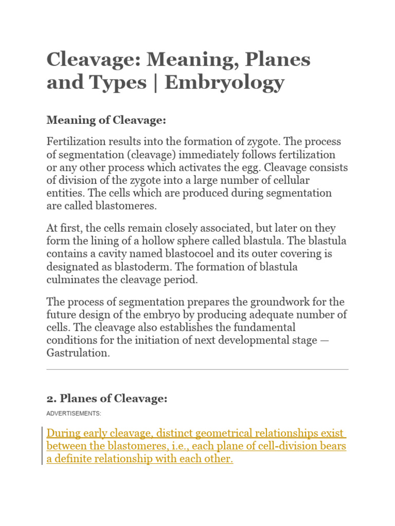 Cleavage in Embryology: Types & Mechanisms | PDF | Embryo | Biology