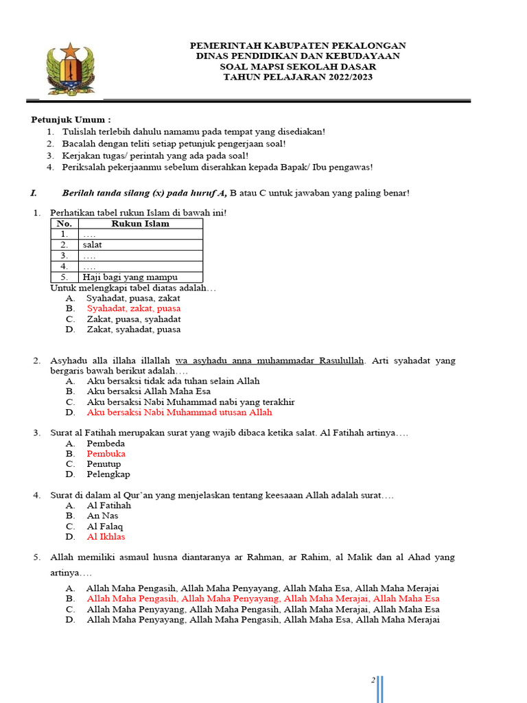 Soal MAPSI PAI SD 2024 | PDF