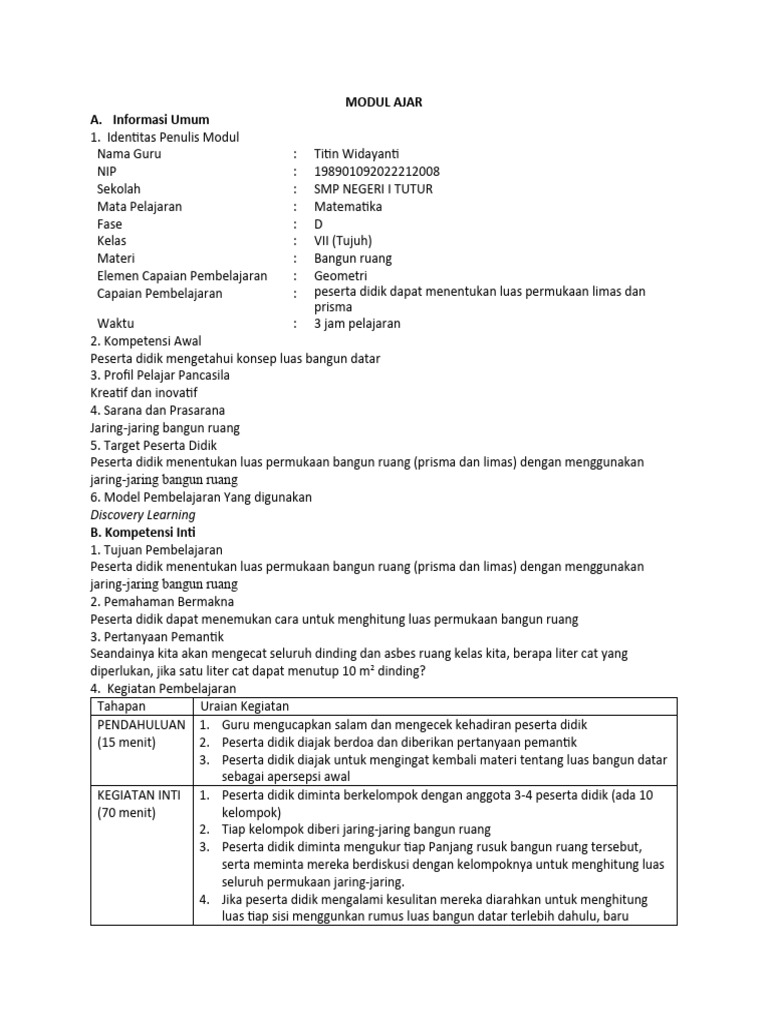 Modul Ajar Bangun Ruang Kelas 9 | PDF