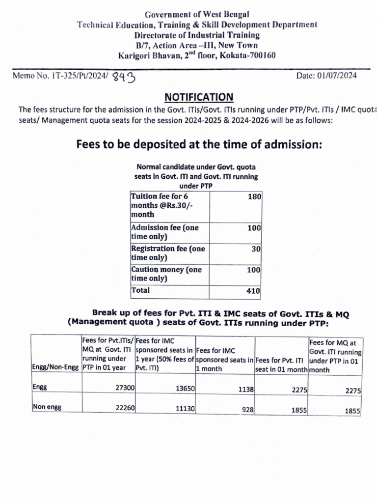 West Bengal ITI Admission Fees | PDF