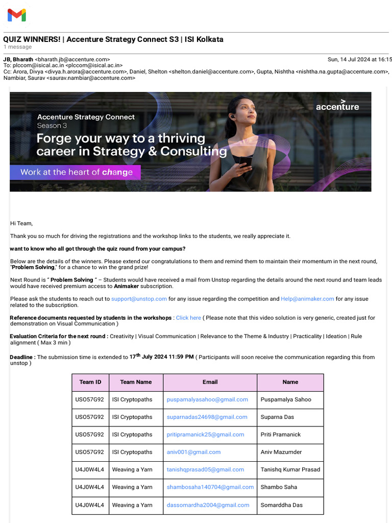 Gmail - QUIZ WINNERS! - Accenture Strategy Connect S3 - ISI Kolkata | PDF | Computing | Cyberspace