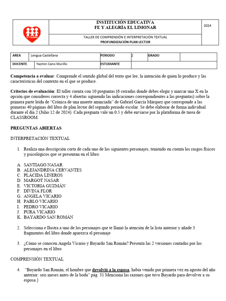 Taller Comprensión e Interpretación Textual Plan Lector Octavo | PDF