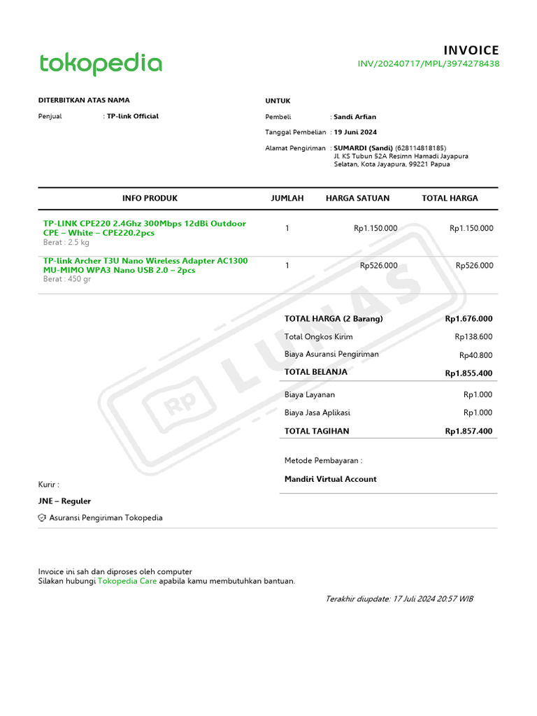 Invoice Pembelian TP-Link di Tokopedia | PDF