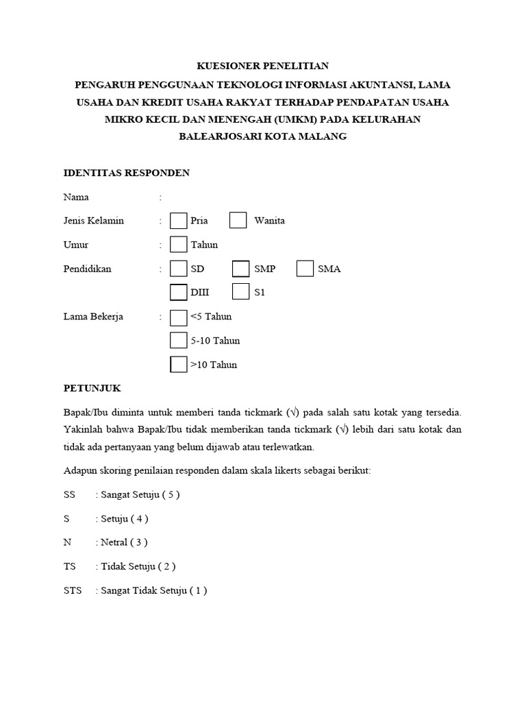 Kuesioner Penelitian Okta | PDF