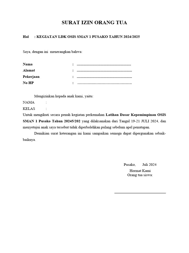 Surat Izin Orang Tua LDK | PDF