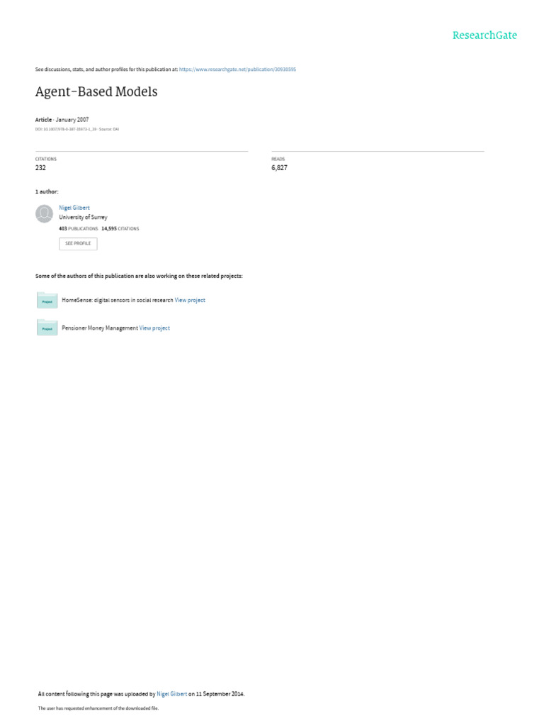 Gilbert, Nigel. (2007). Agent-Based Models. The Centre for Research in ...