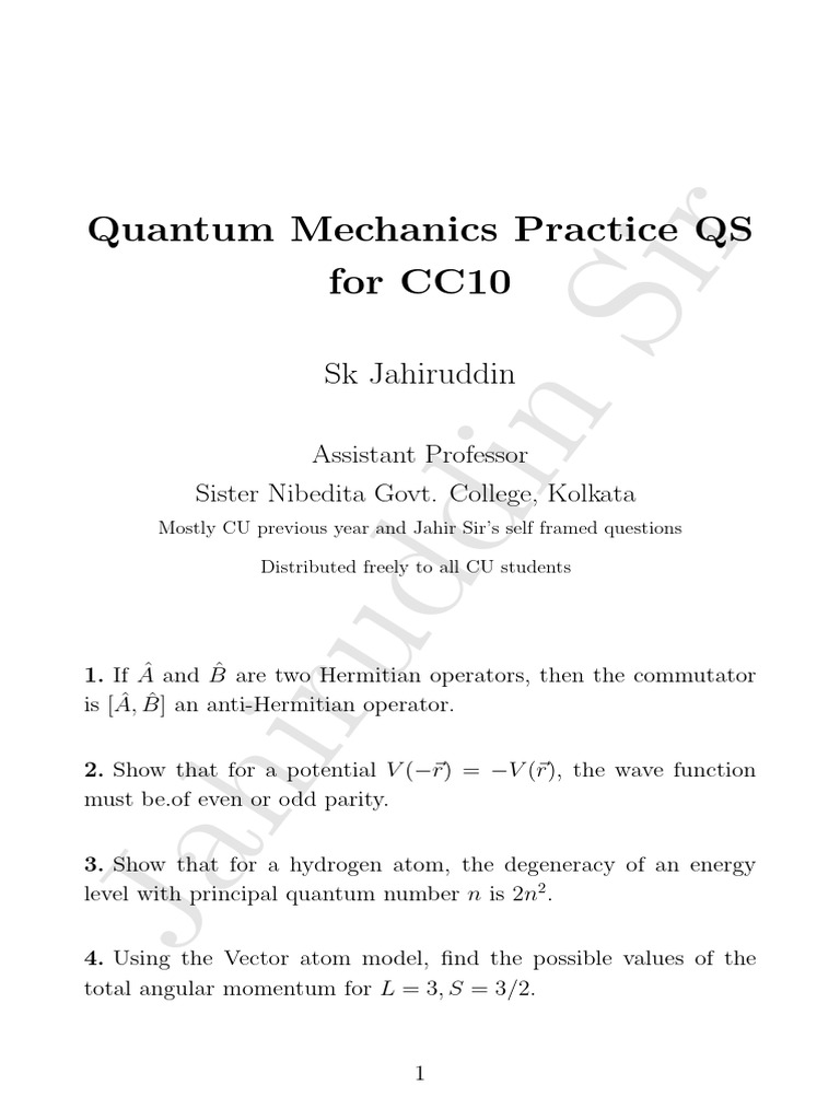 CC10 Quantum Practice Qs | PDF | Wave Function | Hamiltonian (Quantum ...