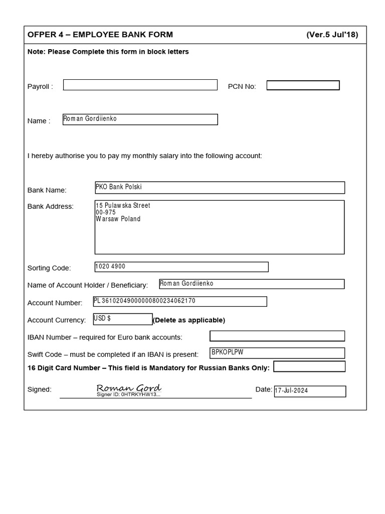 Employee Bank Payment Form | PDF