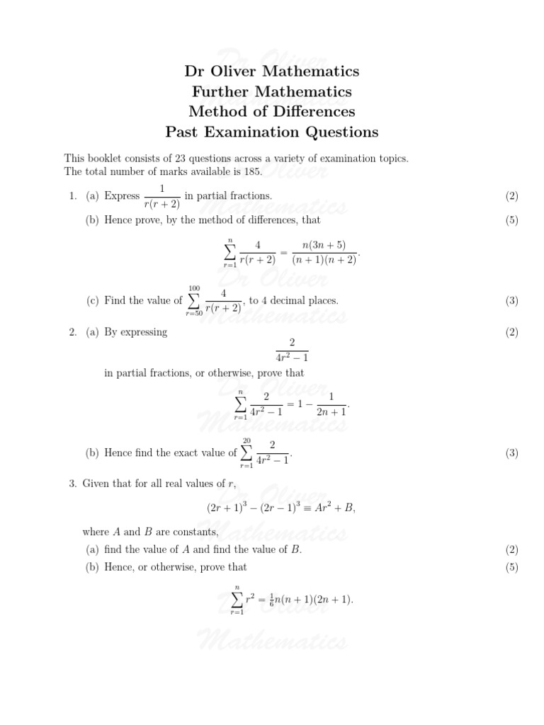 Method of Differences Questions | PDF | Mathematical Notation | Elementary Mathematics