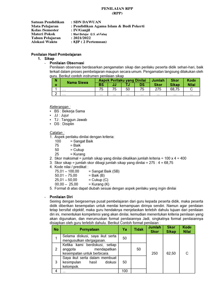 PENILAIAN RPP Kelas 4 | PDF | Karier & Perkembangan