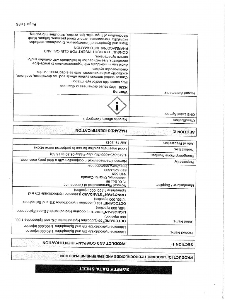 1% & 2% Lidocaine Injection-MSDS | PDF