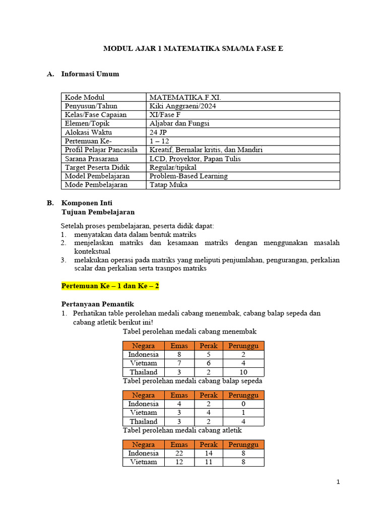 Modul Ajar Matriks Kiki 3 11 Fixs | PDF | Teknologi & Rekayasa