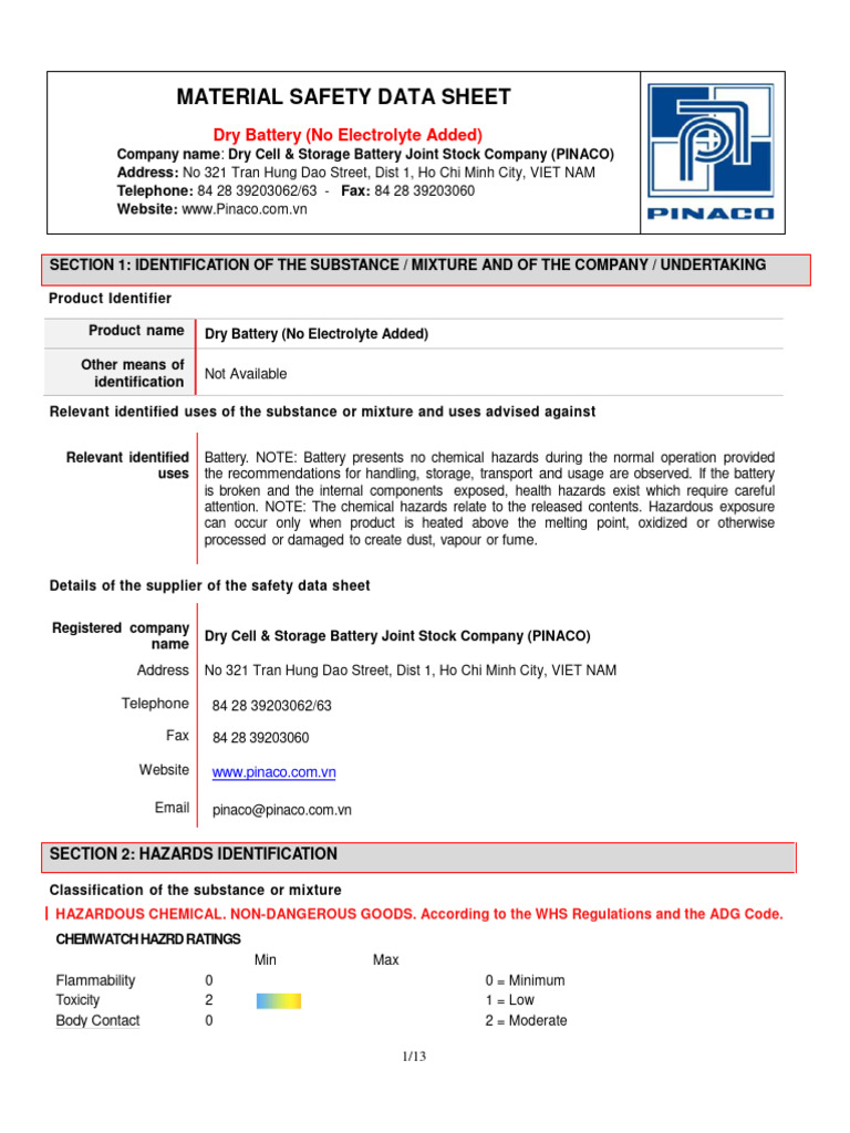 18.12.19-SDS - DRY BATTERY (No Electrolyte Added) - Final. | PDF ...