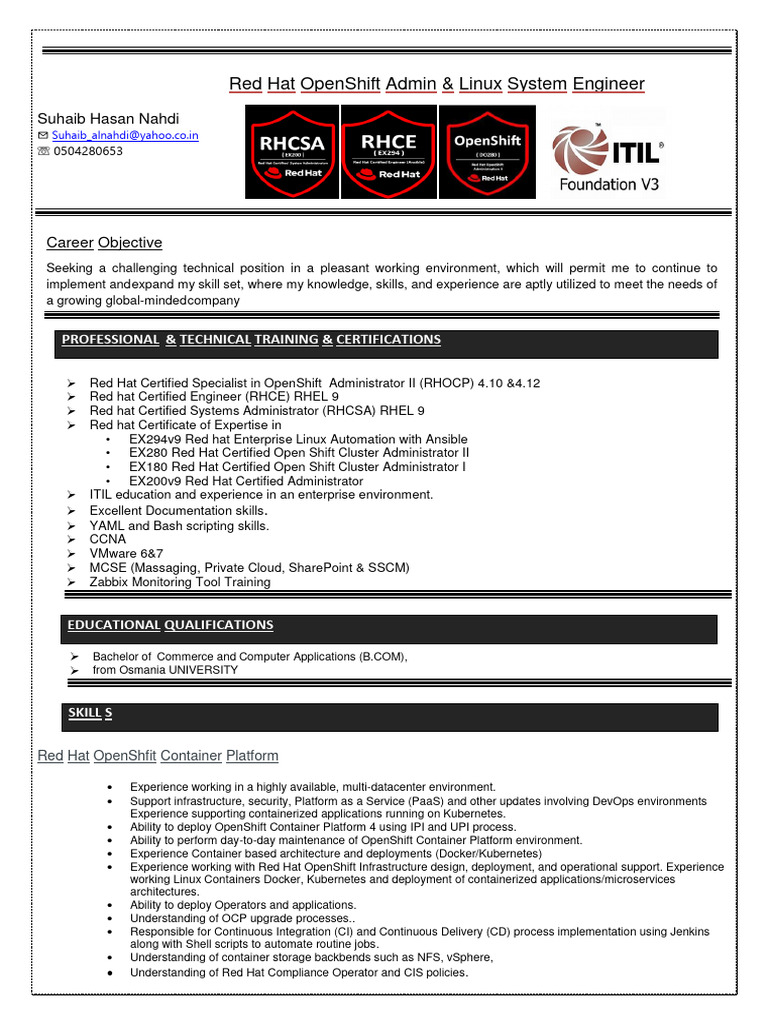SNahdi Red Hat Openshift Linux Resume | PDF | Red Hat | Computer Cluster