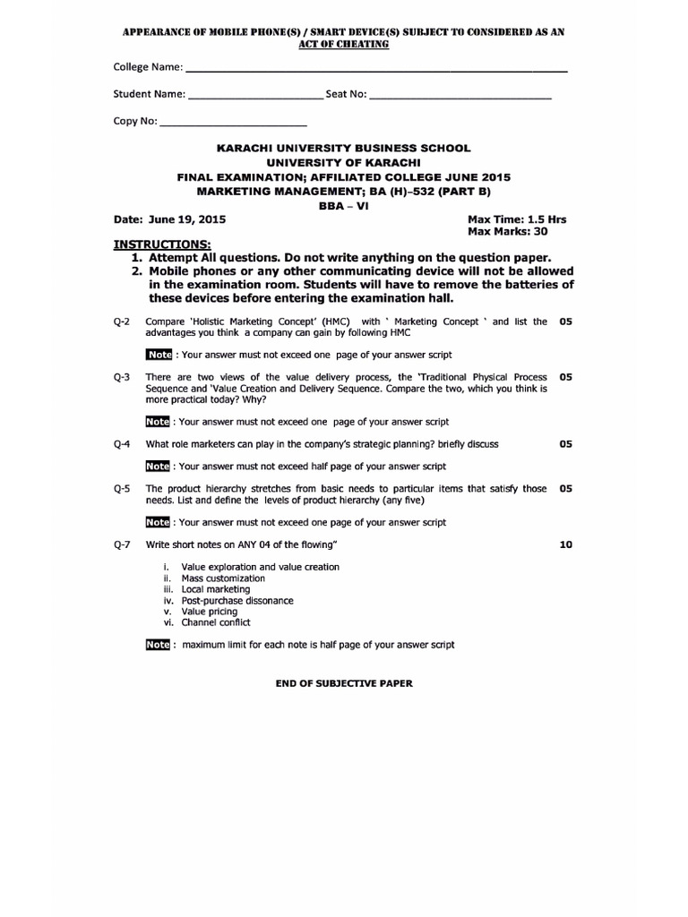 Marketing Management Past Paper | PDF