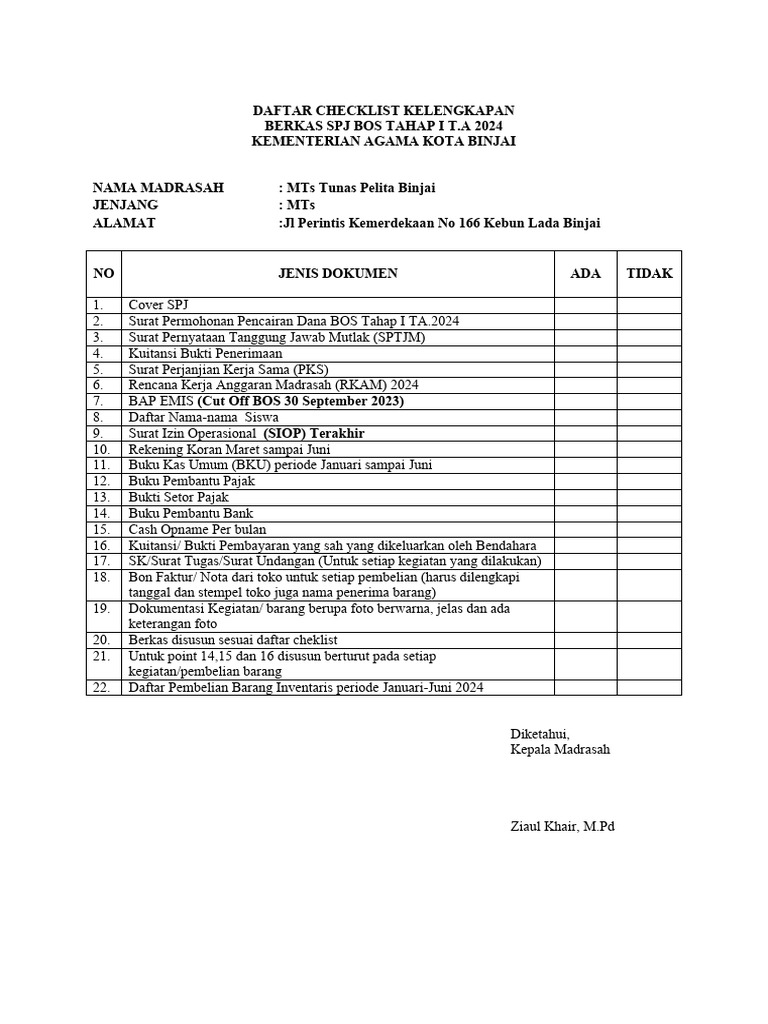 Daftar Checklist Kelengkapan SPJ Bos 2024 | PDF