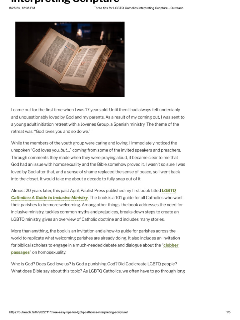 Three Tips For LGBTQ Catholics Interpreting Scripture - Outreach | PDF | Bible | Homosexuality
