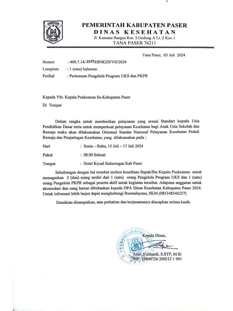 Undangan Pertemuan Program UKS Dan PKPR 2024 | PDF