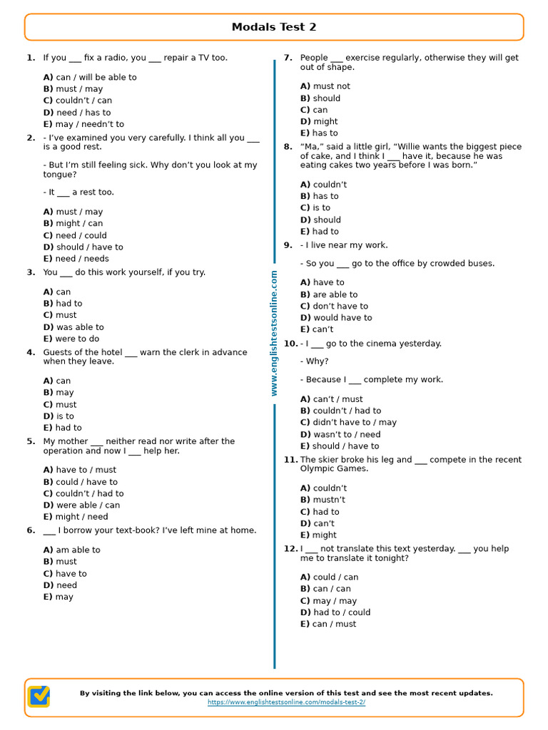 Modals Test: Practice Questions | PDF