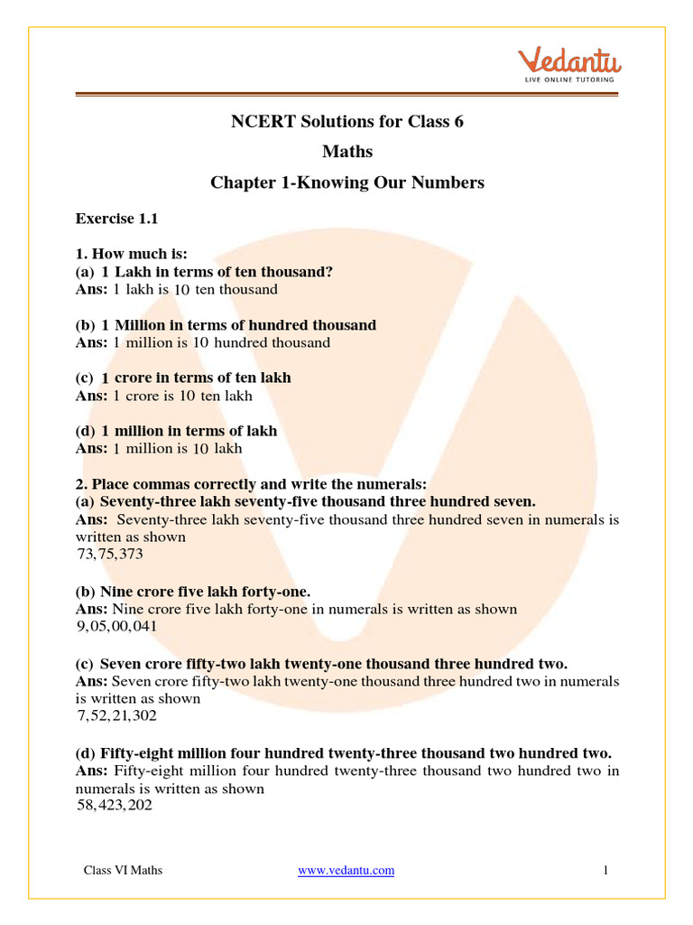 NCERT Solutions Class 6 Maths Exercise 1.1 Chapter 1 Knowing Our Numbers PDF | PDF | Lexicology