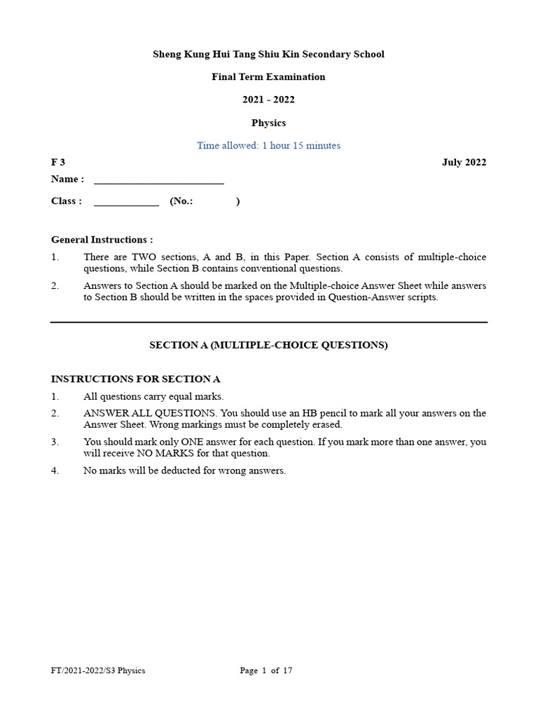 S3 Physics Final Exam Paper 2022 | PDF | Electromagnetic Radiation | Optics
